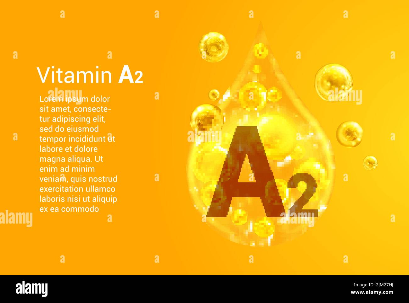 Vitamin A2. Baner with vector images of golden drops with oxygen ...