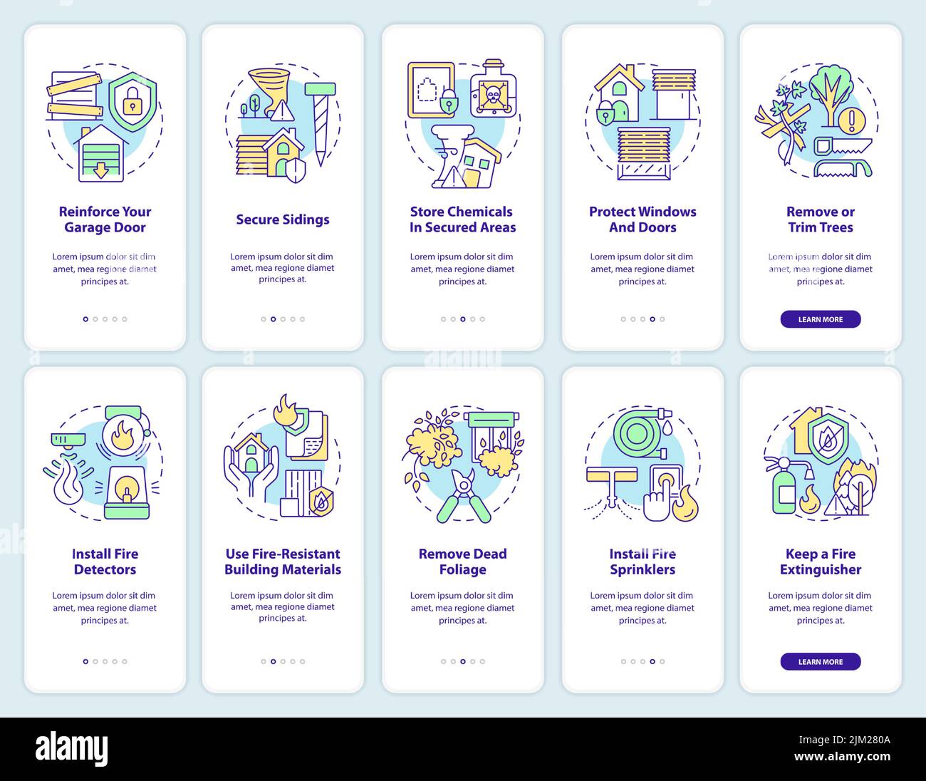 Natural disasters preparedness onboarding mobile app screen set Stock ...