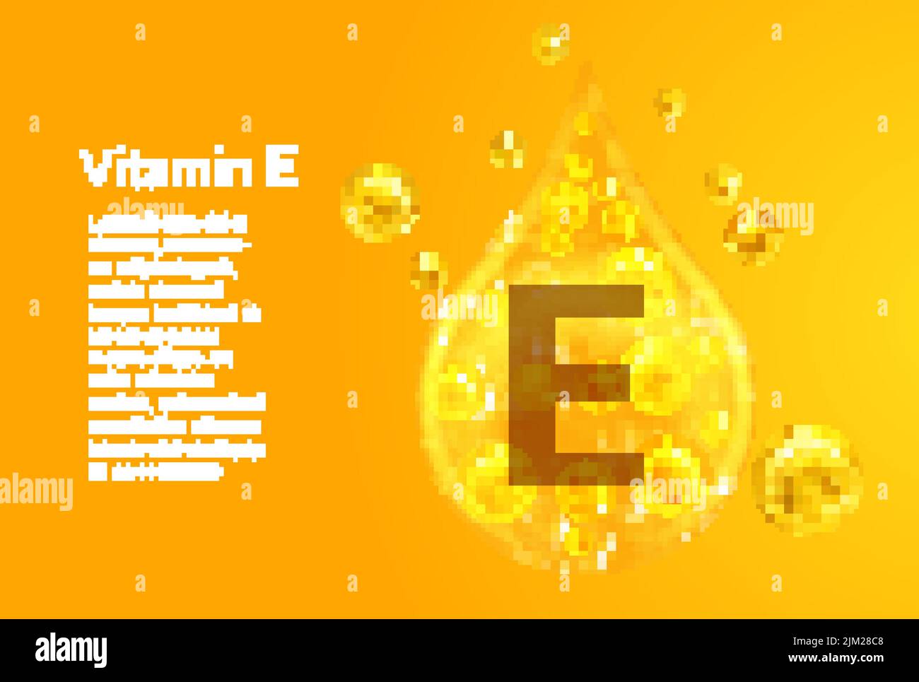 Vitamin E. Baner with vector images of golden drops with oxygen bubbles ...