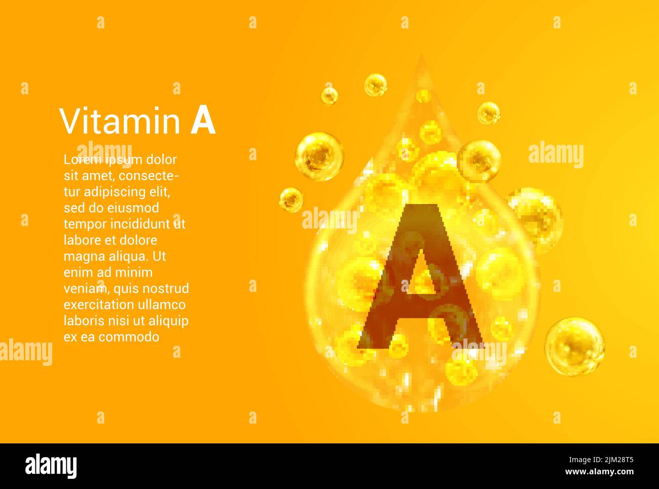 Vitamin A. Baner with vector images of golden drops with oxygen bubbles ...