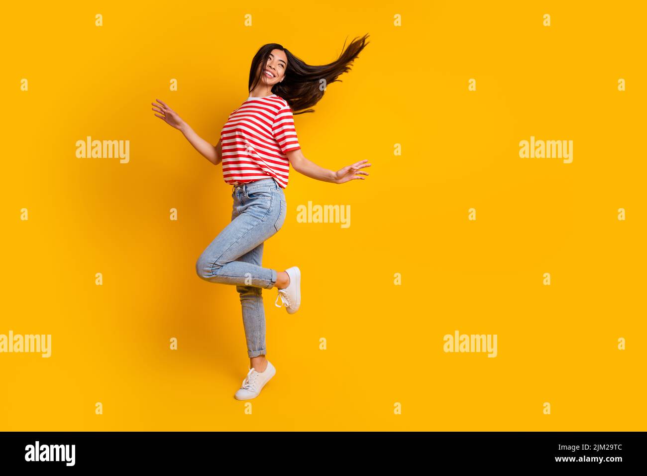 Full length portrait of cheerful pretty person enjoy dancing clubbing ...