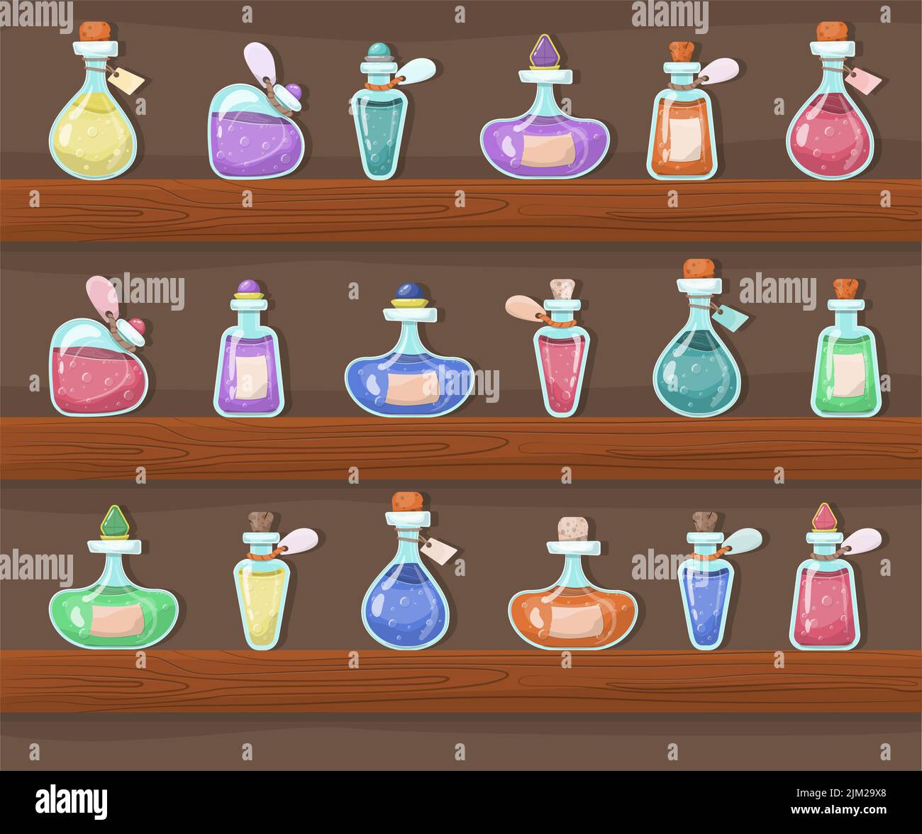A set of vector magic bottles and flasks. Colorful magic potions ...