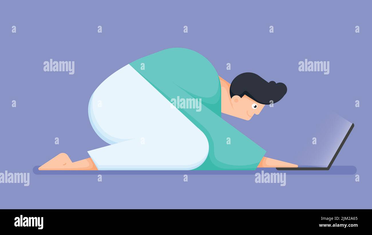 Young man sitting on floor and watching laptop screen. concept of ...