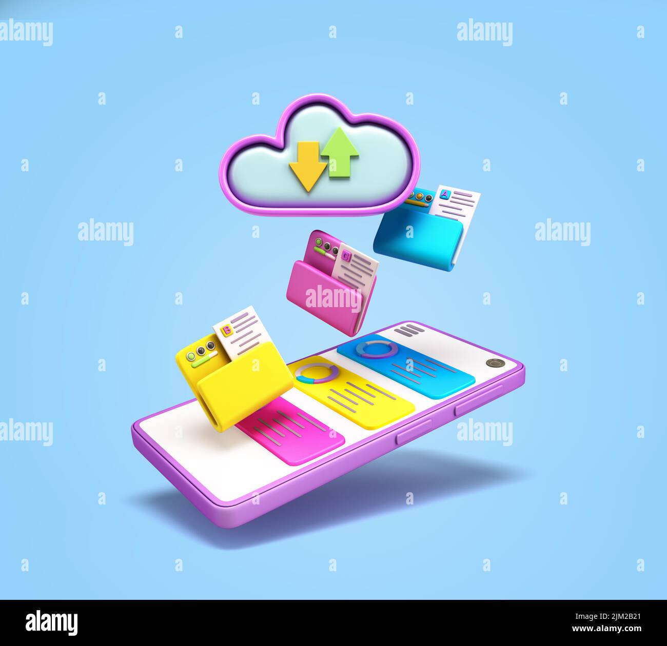 Cloud storage synchronization concept smartphone with file folders on screen 3d render on blue ...