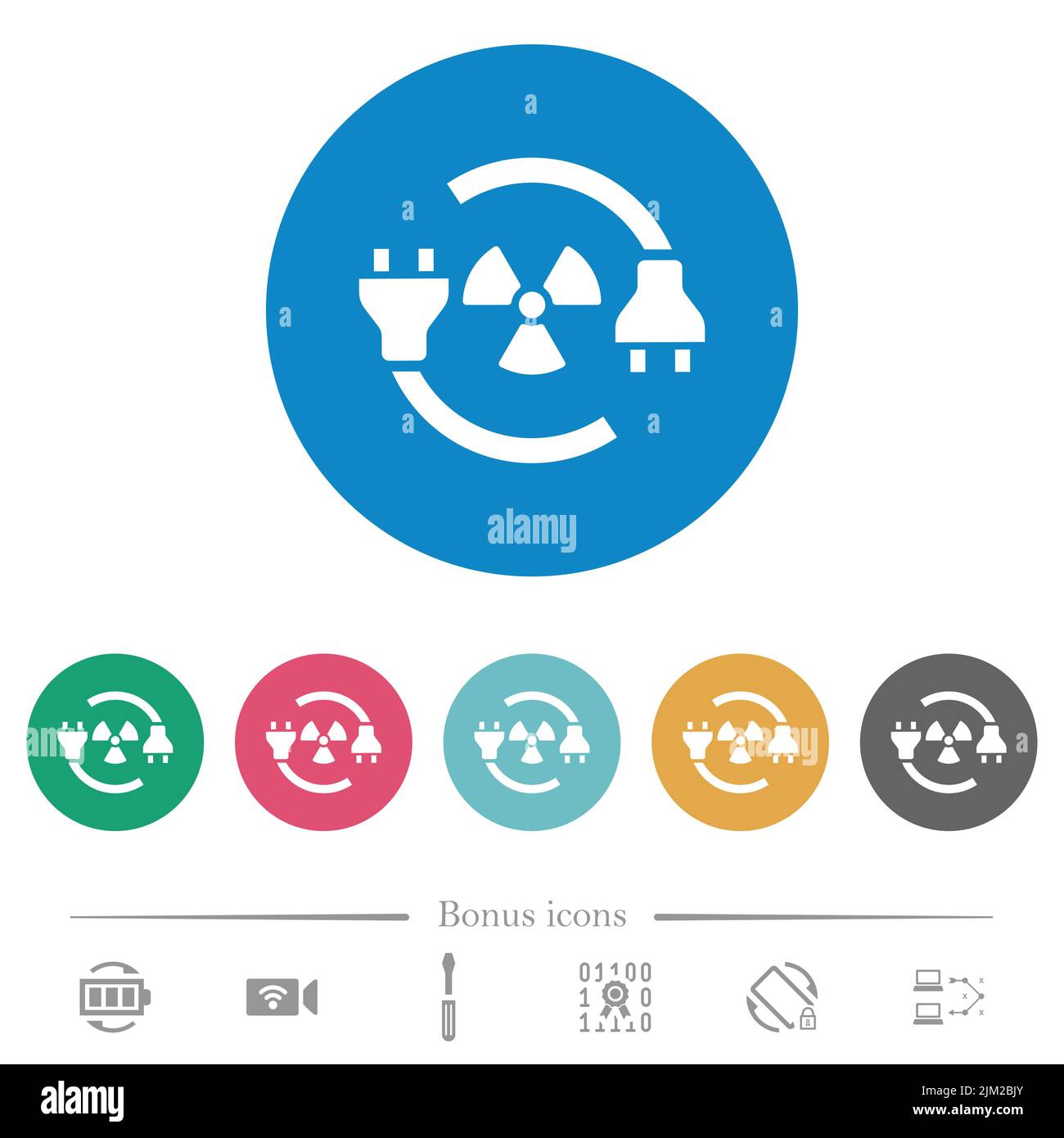 Nuclear energy flat white icons on round color backgrounds. 6 bonus ...
