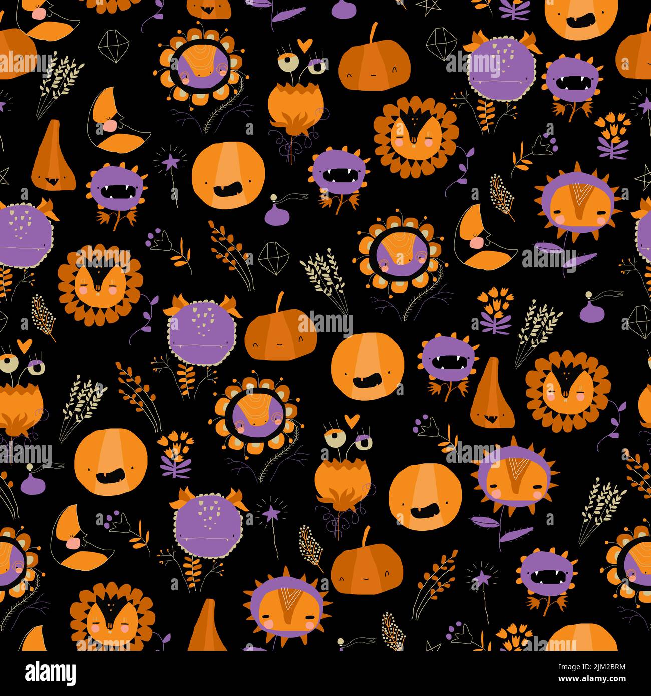 Seamless Pattern with Different Halloween Elements And Characters Stock ...