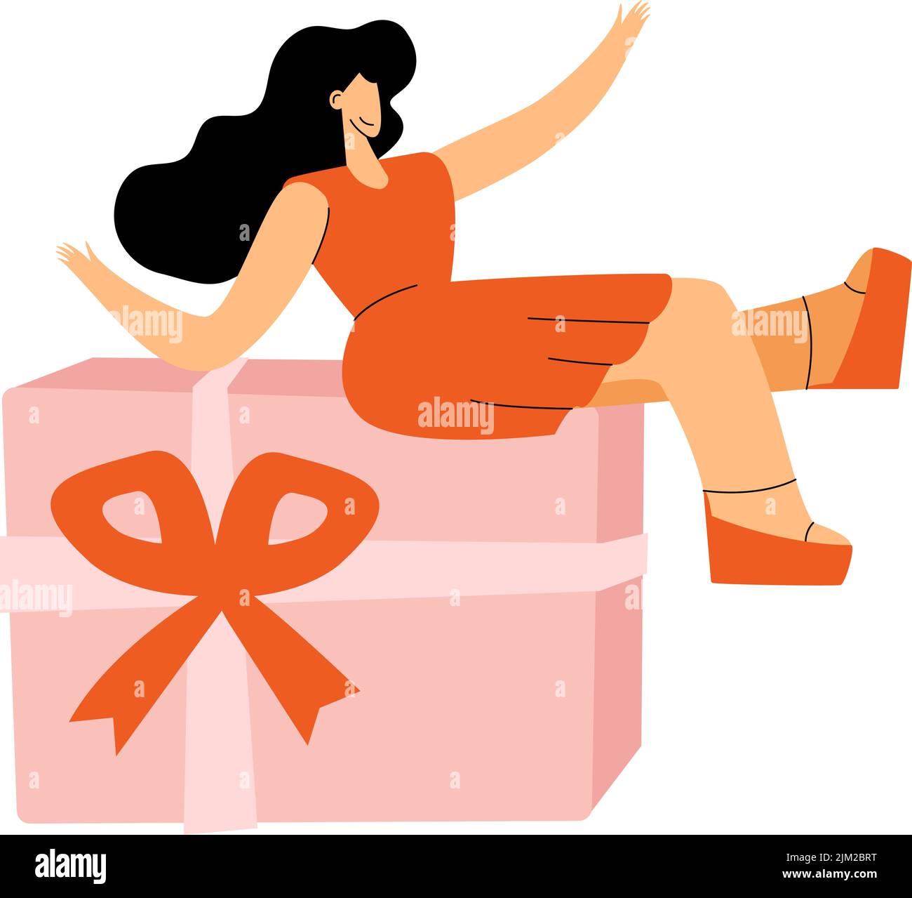 Beautiful vector woman sits on present gift box. Female character on ...