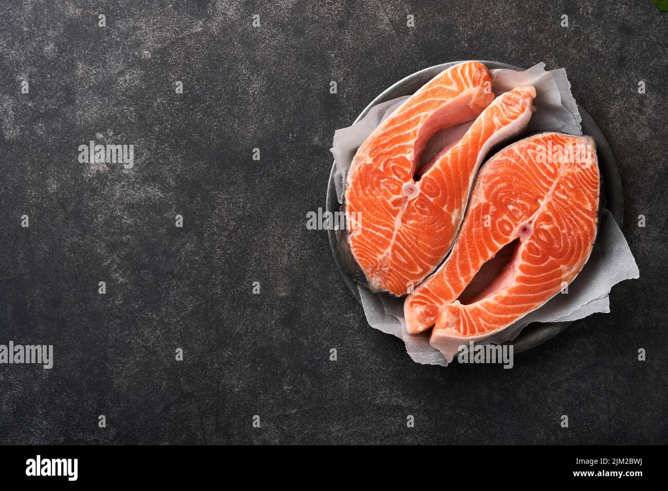 Salmon. Raw salmon steak. Fresh raw salmon fish with cooking ...
