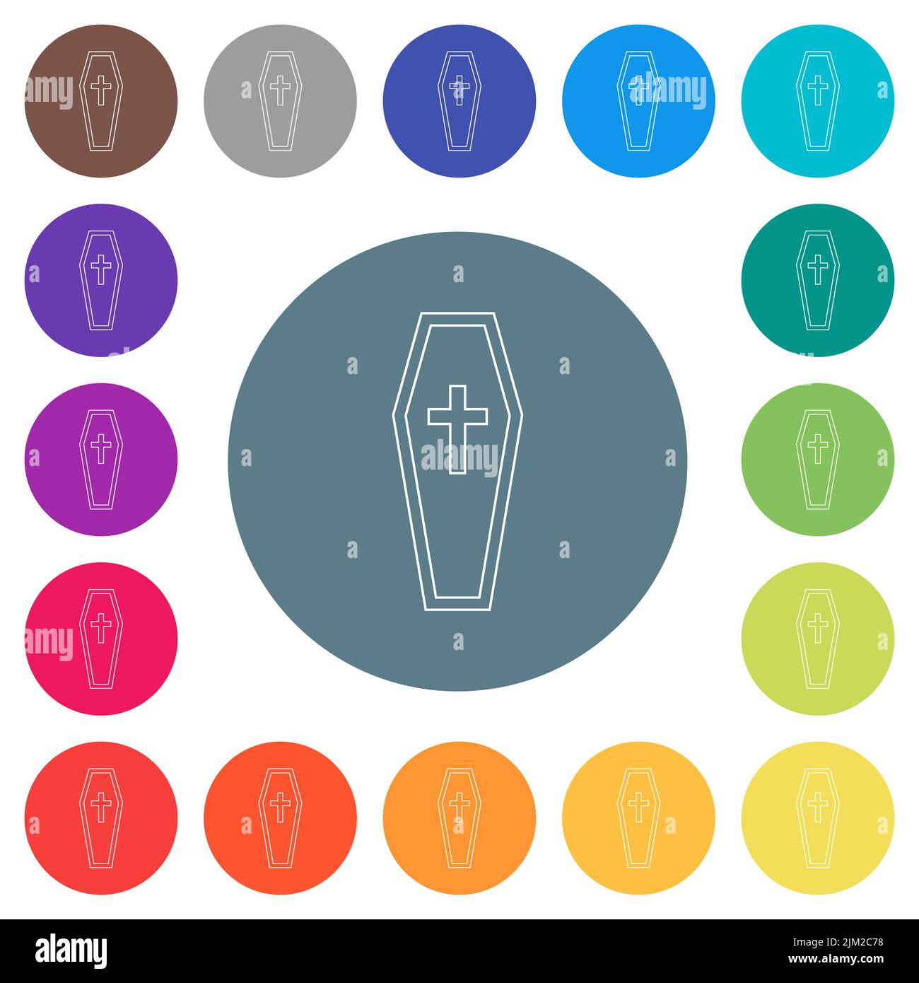 Coffin outline flat white icons on round color backgrounds. 17 ...