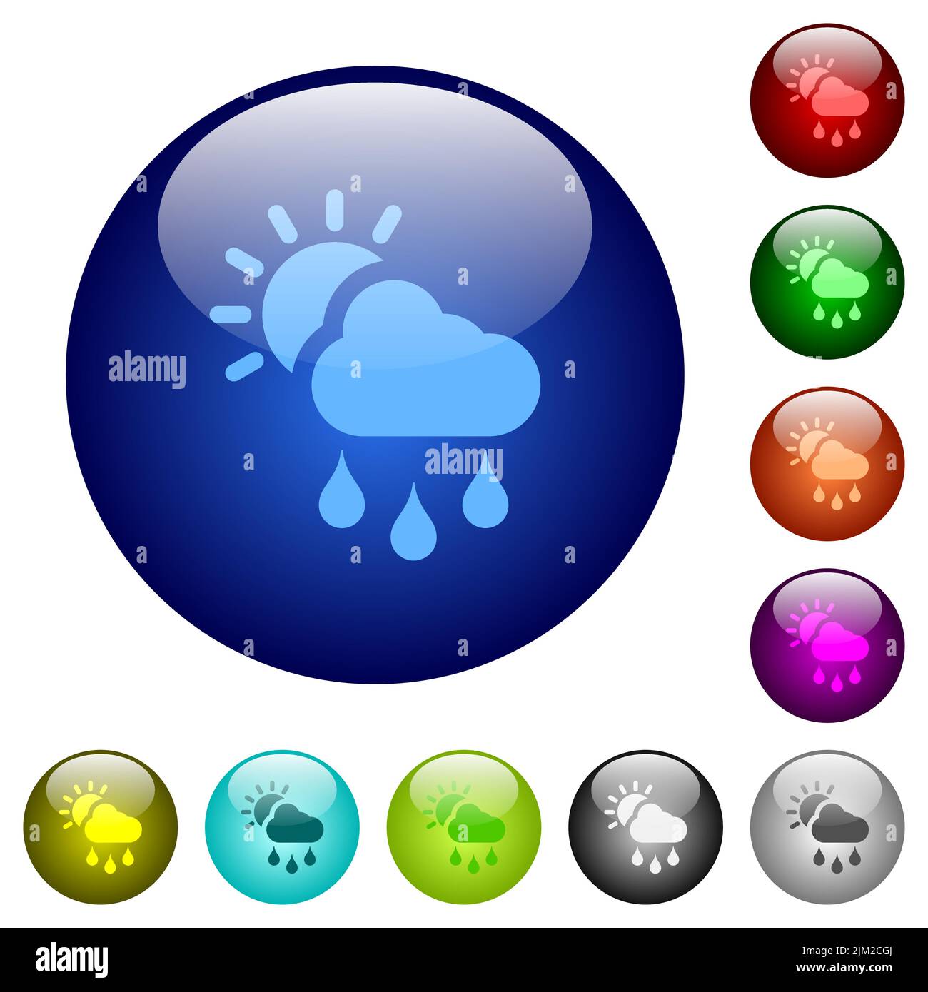 Sunny and rainy weather icons on round glass buttons in multiple colors ...
