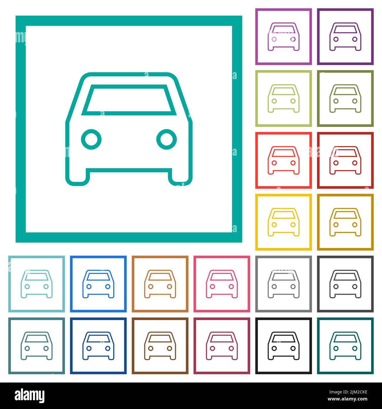 Single old car front view outline flat color icons with quadrant frames ...