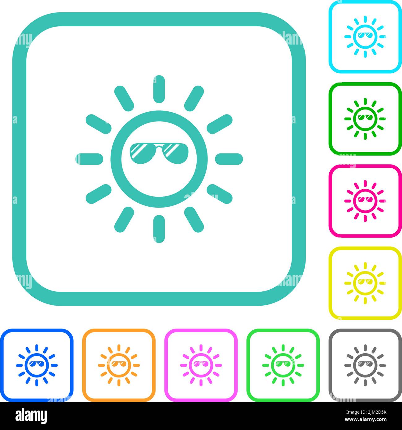 Sun with glossy sunglasses vivid colored flat icons in curved borders ...