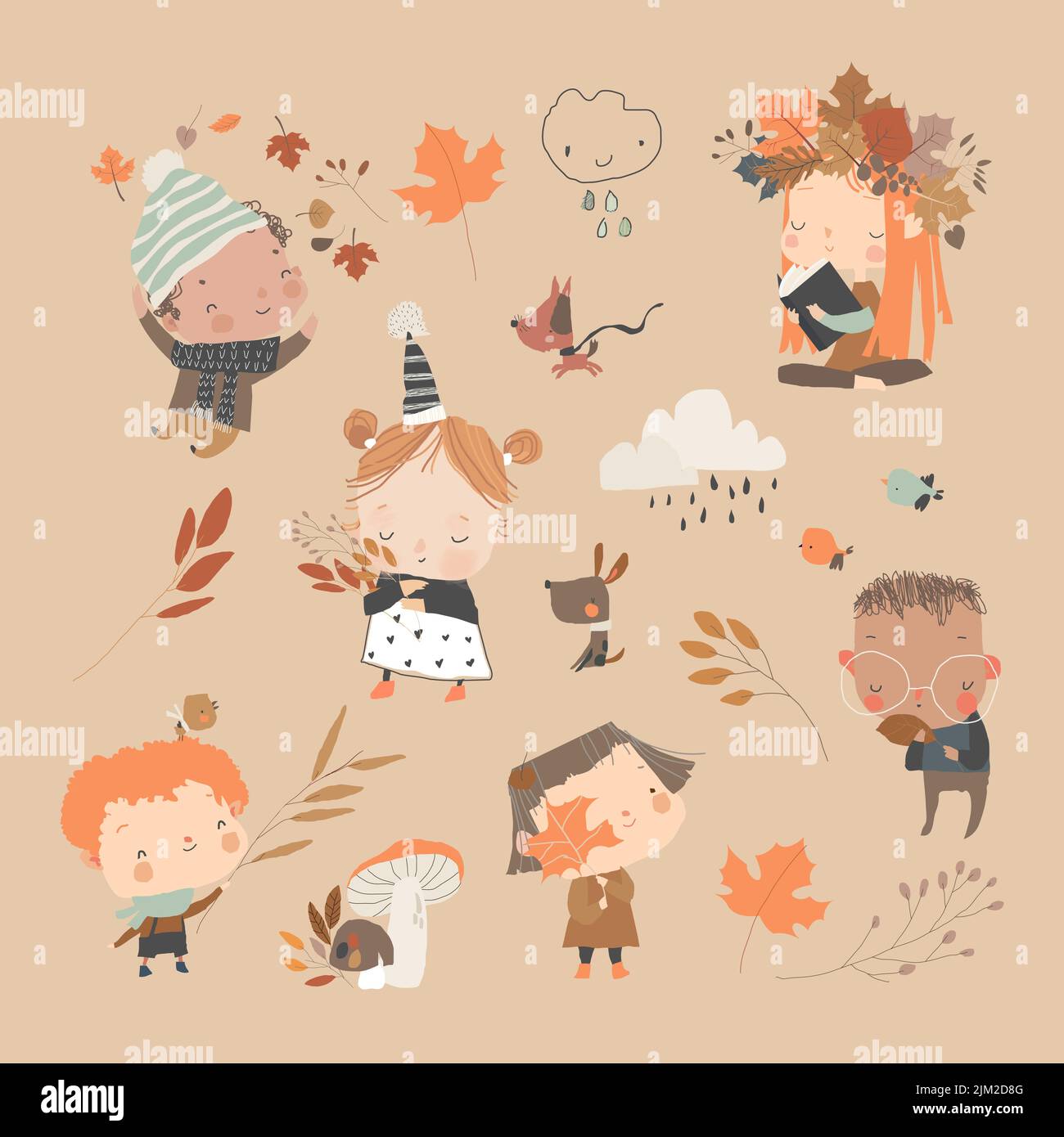 Happy Cartoon Kids enjoying Autumn. Vector Set Stock Vector Image & Art ...