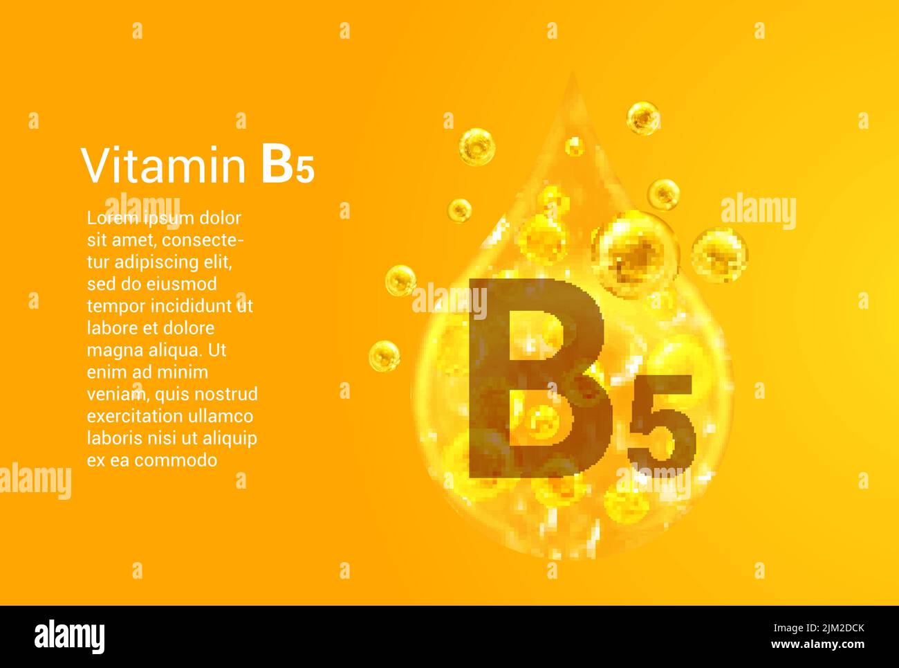 Vitamin B5. Baner with vector images of golden drops with oxygen ...
