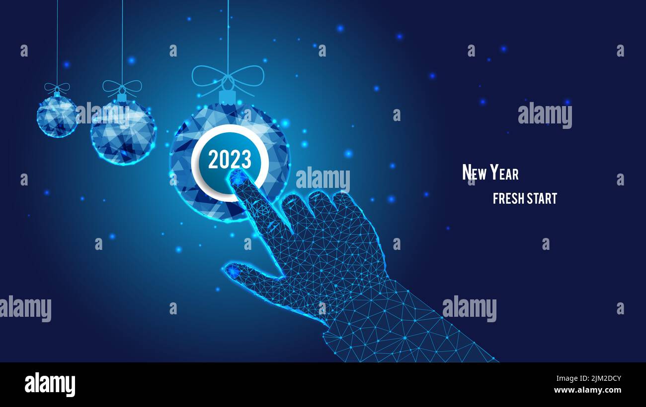 Startup concept. New Year fresh start. 2023 on the button. Polygonal ...