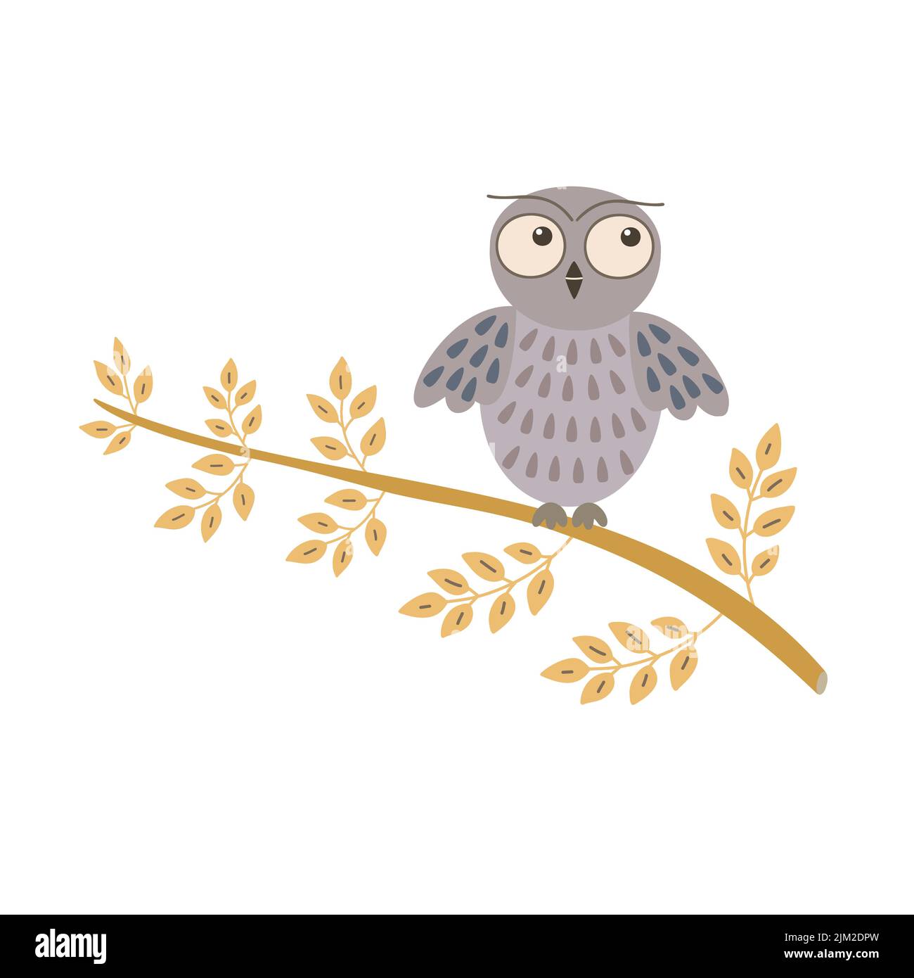 Cute doodle owl sitting on tree branch, simple flat style hand drawn ...