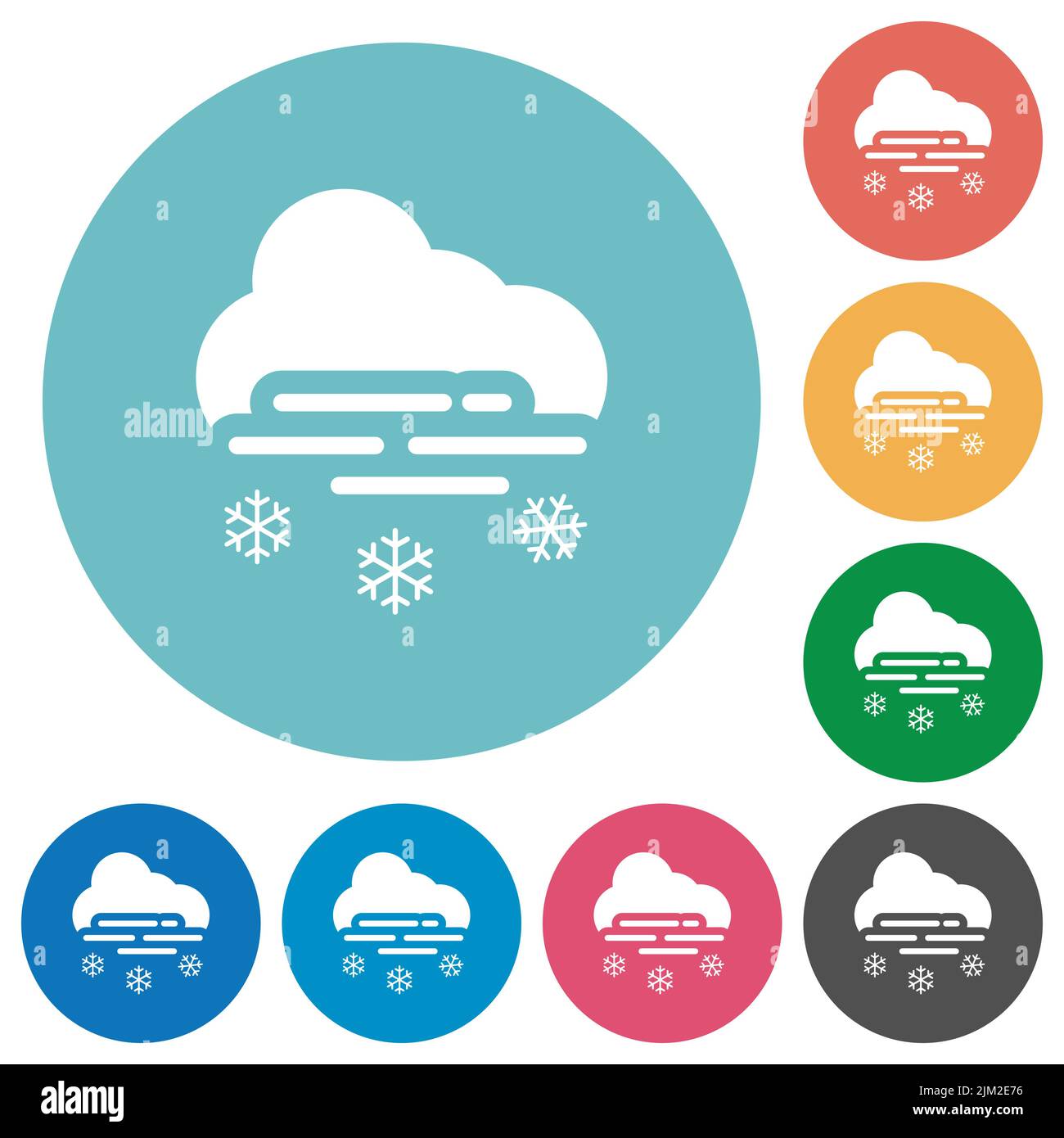 Misty and snowy weather flat white icons on round color backgrounds ...