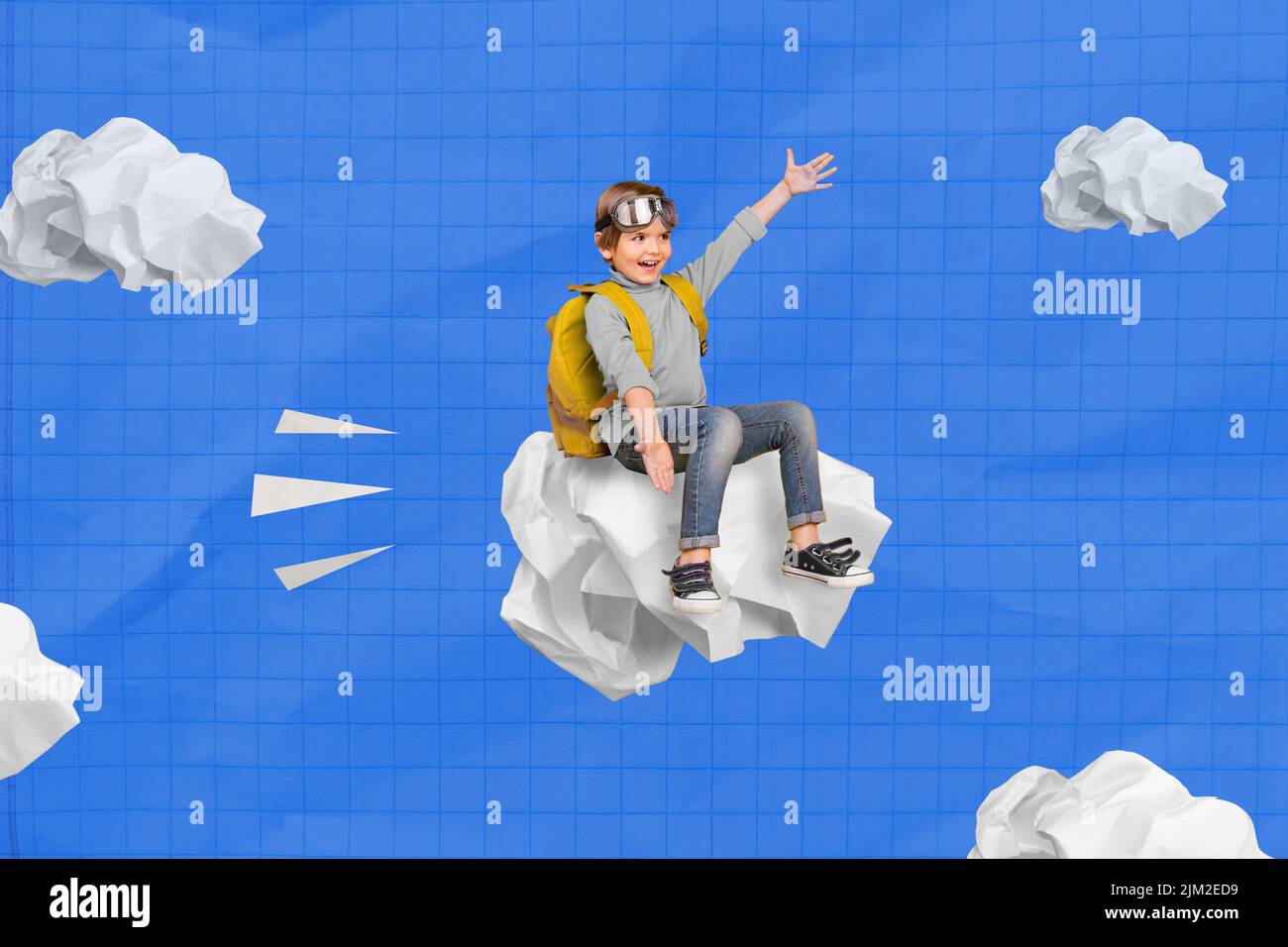 Poster collage of funny cute school child flying crumpled paper on ...
