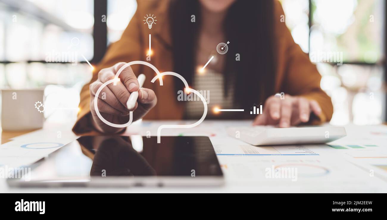 Technology concept. Business woman using cloud application on digital ...