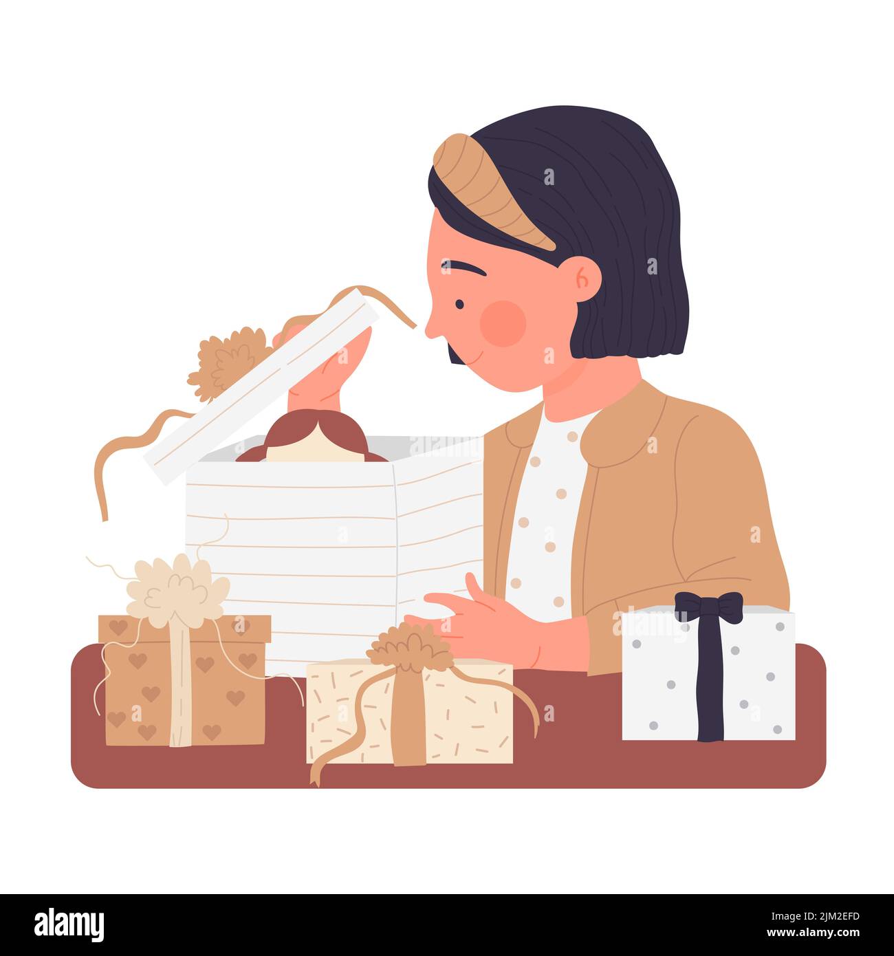 Girl opening gift box with doll. Unwrapping present, unpacking surprise ...