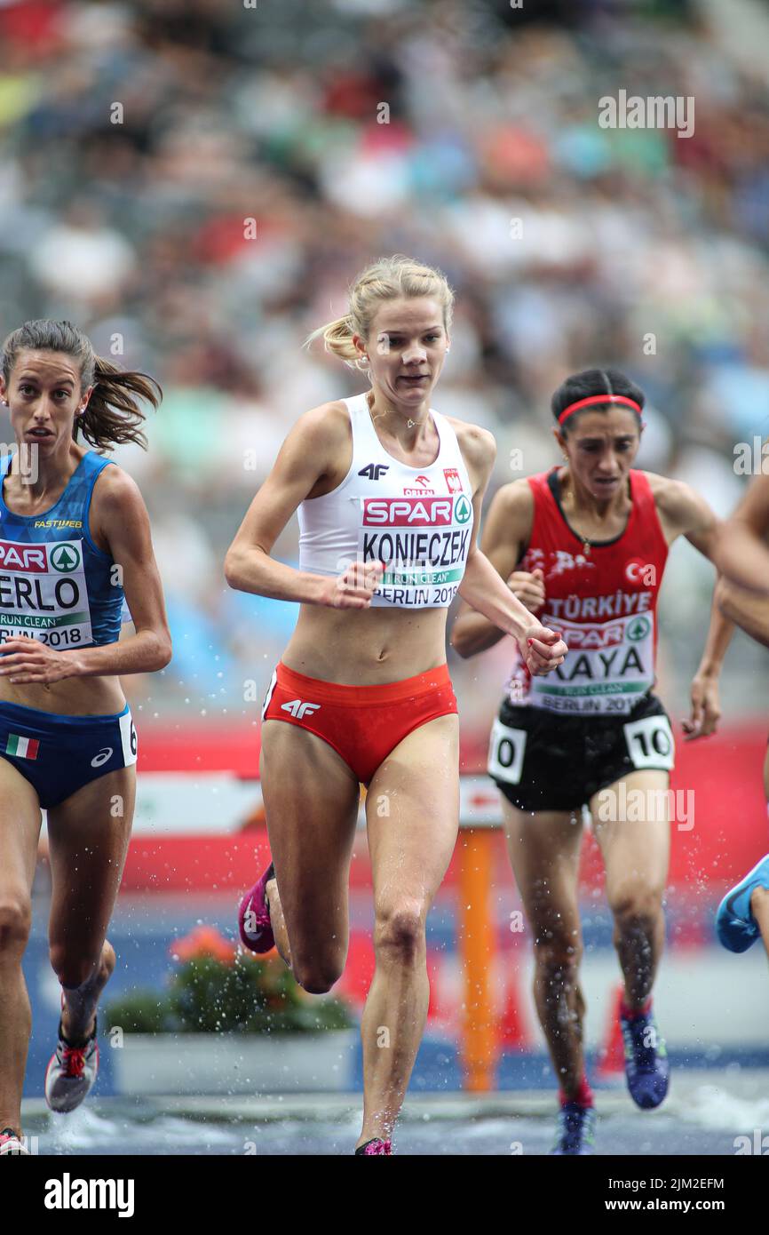 Alicja Konieczek running in the 3000m hurdles at the European Athletics Championships in Berlin ...
