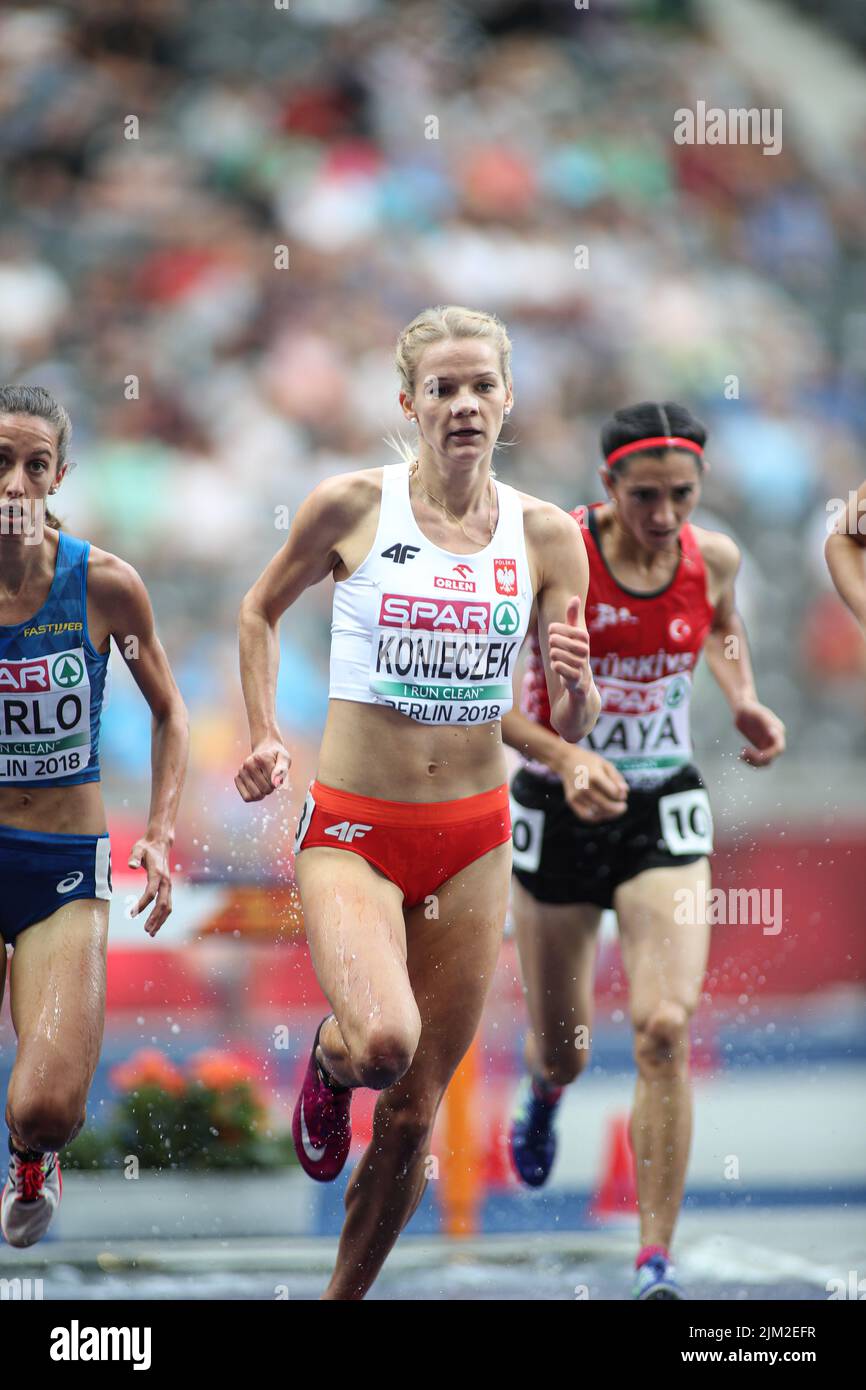 Alicja Konieczek running in the 3000m hurdles at the European Athletics Championships in Berlin ...