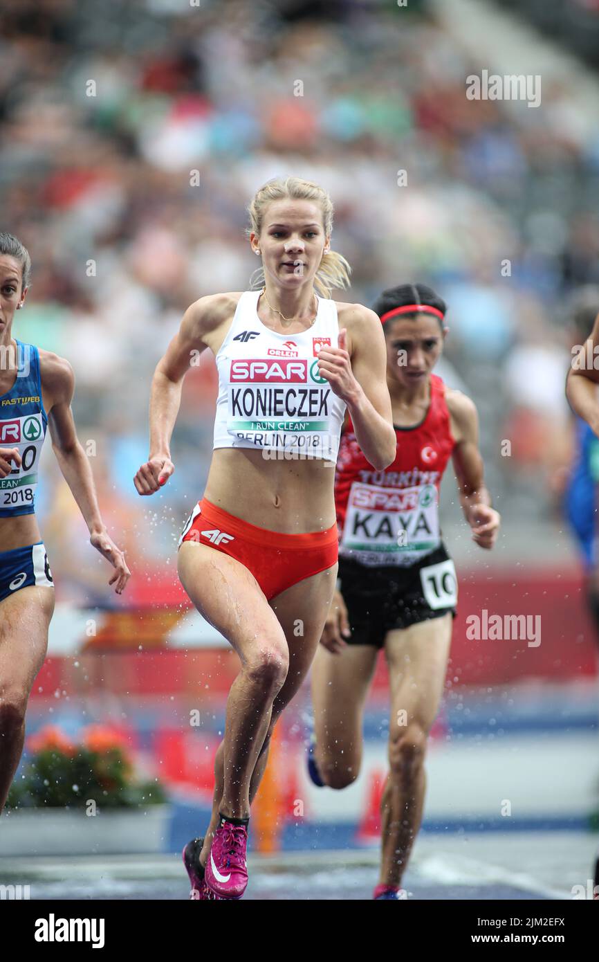 Alicja Konieczek running in the 3000m hurdles at the European Athletics Championships in Berlin ...