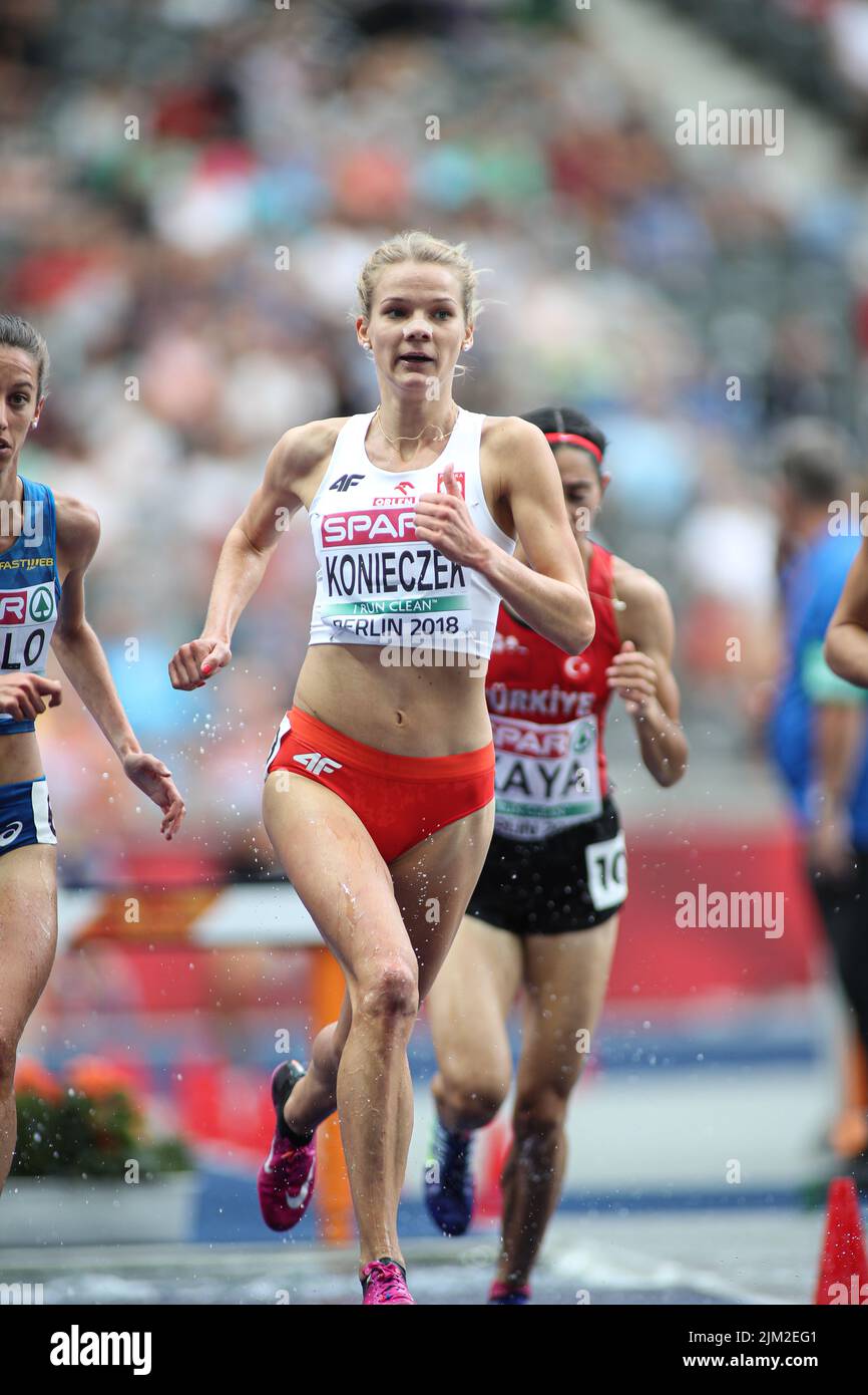 Alicja Konieczek running in the 3000m hurdles at the European Athletics Championships in Berlin ...