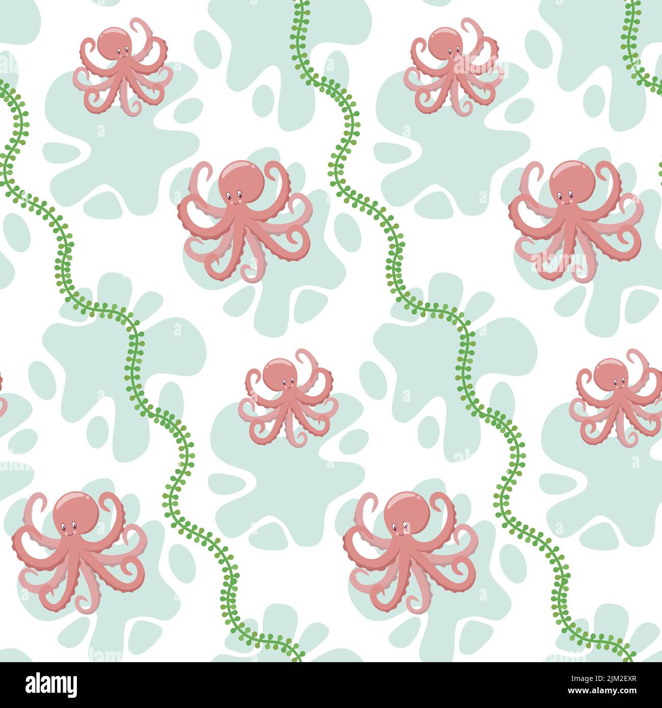 Pink octopus on green white pastel background seamless pattern Stock ...
