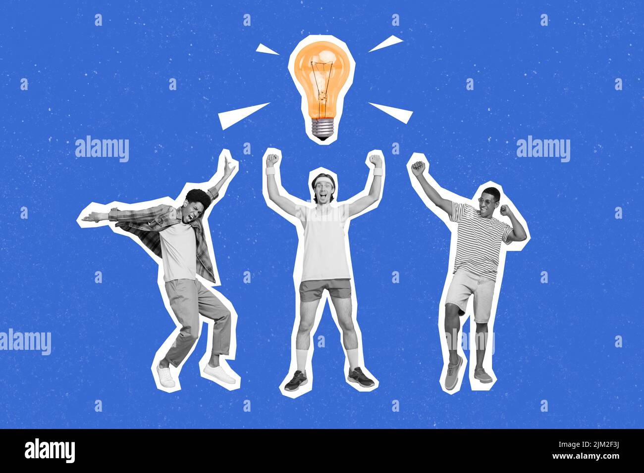 Collage artwork graphics picture of happy smiling men having great idea ...