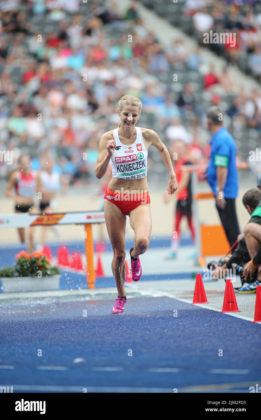 Alicja Konieczek running in the 3000m hurdles at the European Athletics Championships in Berlin ...