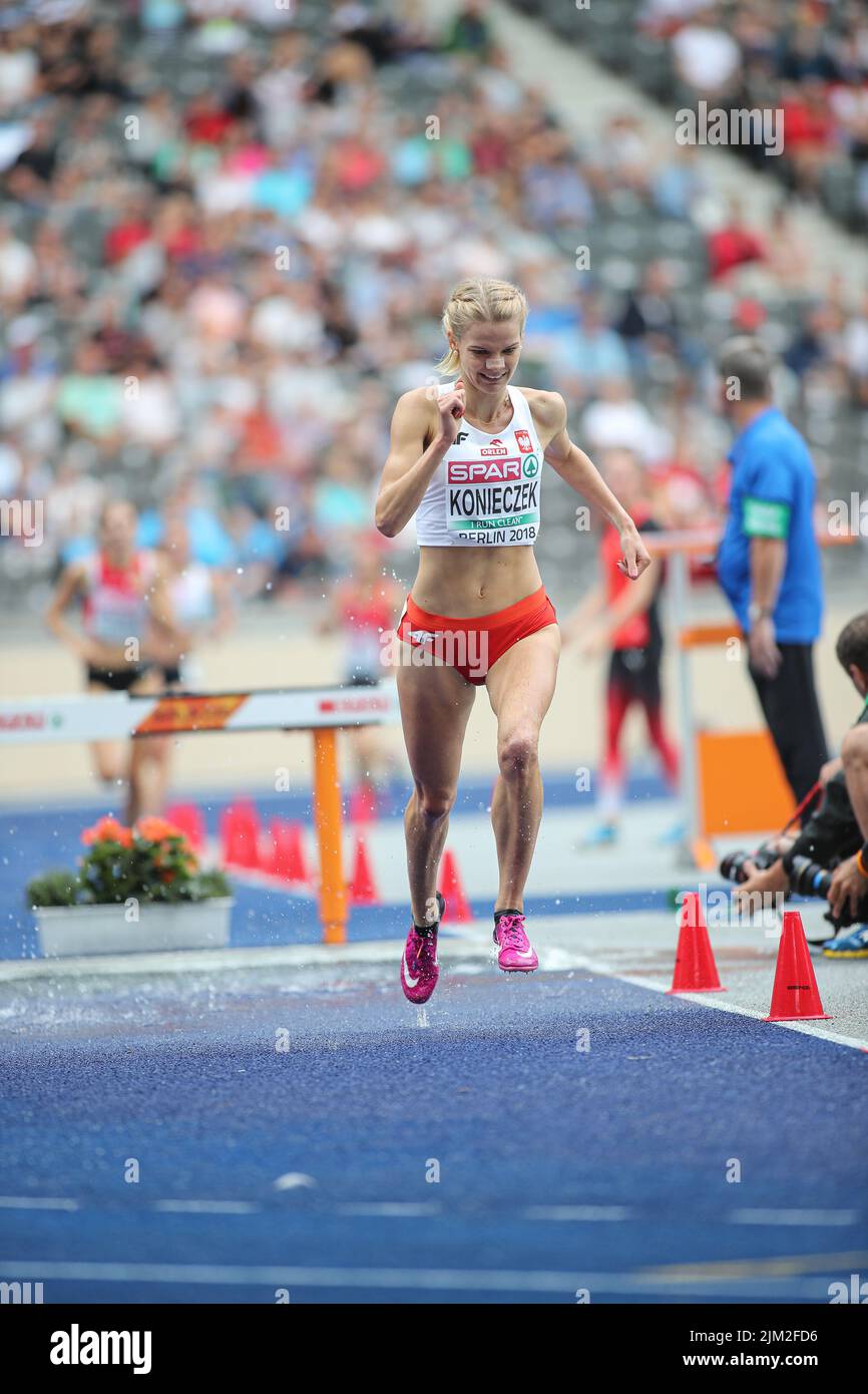 Alicja Konieczek running in the 3000m hurdles at the European Athletics Championships in Berlin ...