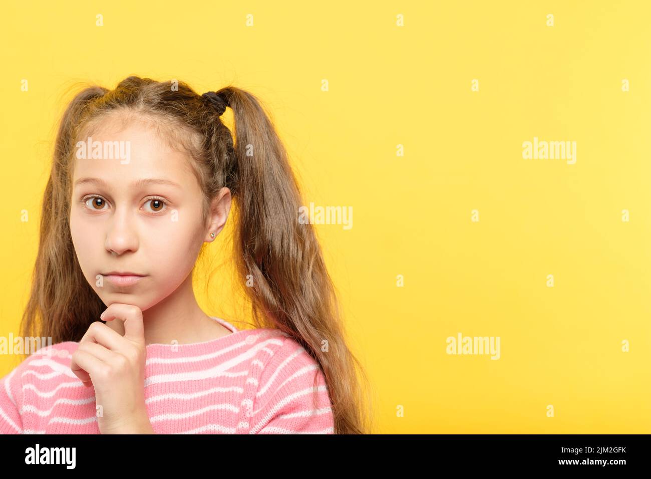 cute serious adolescent girl pig tails portrait Stock Photo - Alamy