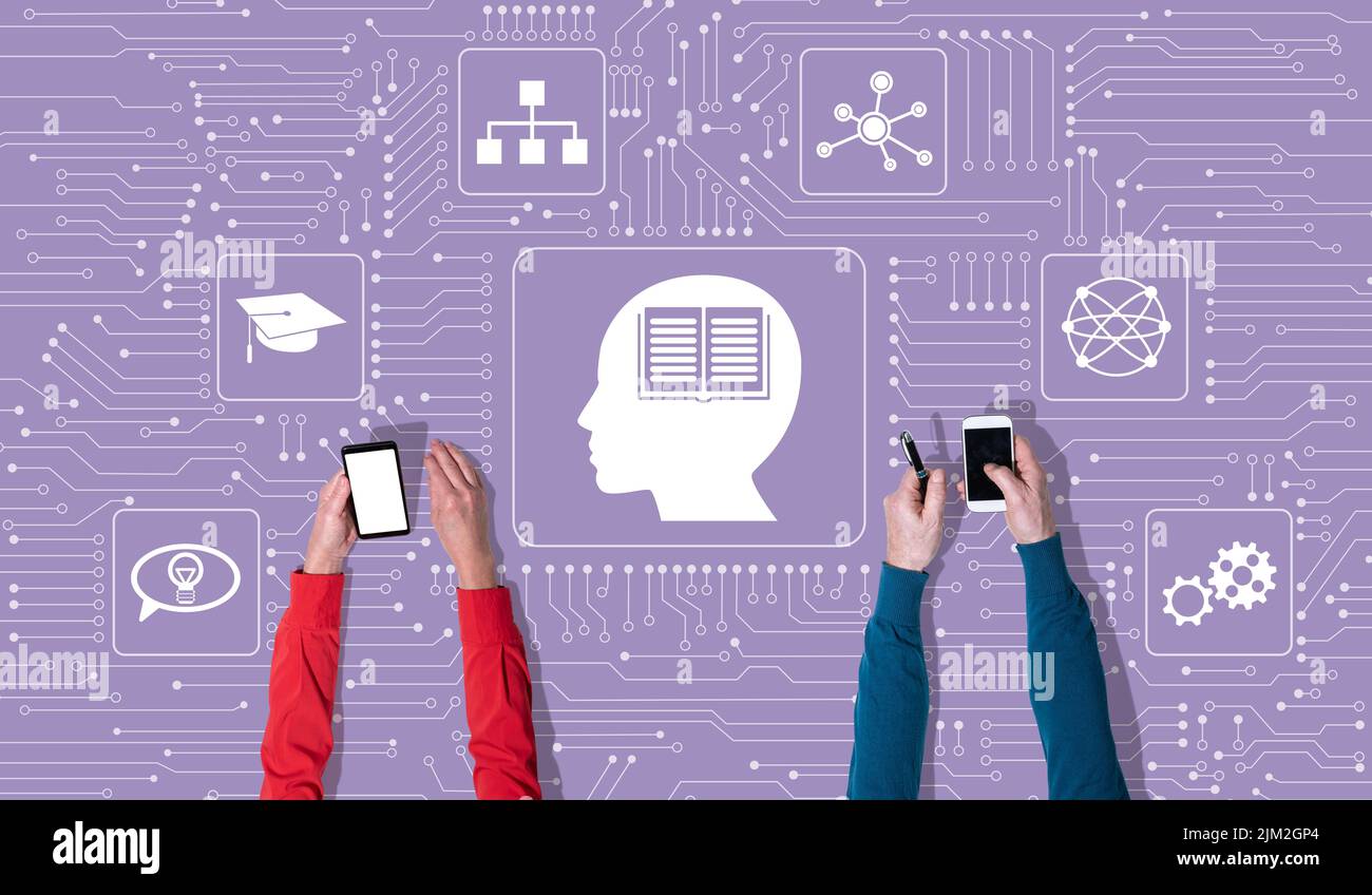 Top view of hands using mobile phone with symbol of knowledge concept ...