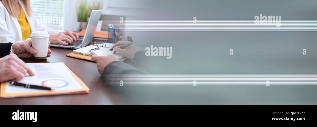 Group of three people working together. teamwork concept; panoramic ...