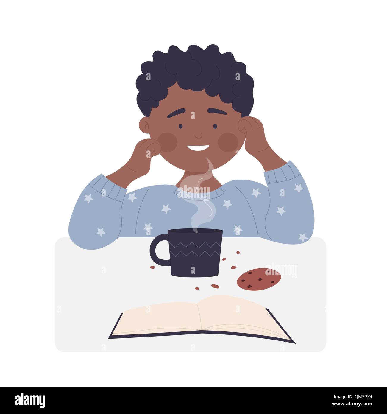 Little kid reading with hot drink. Coffee break, cup of warm beverage ...