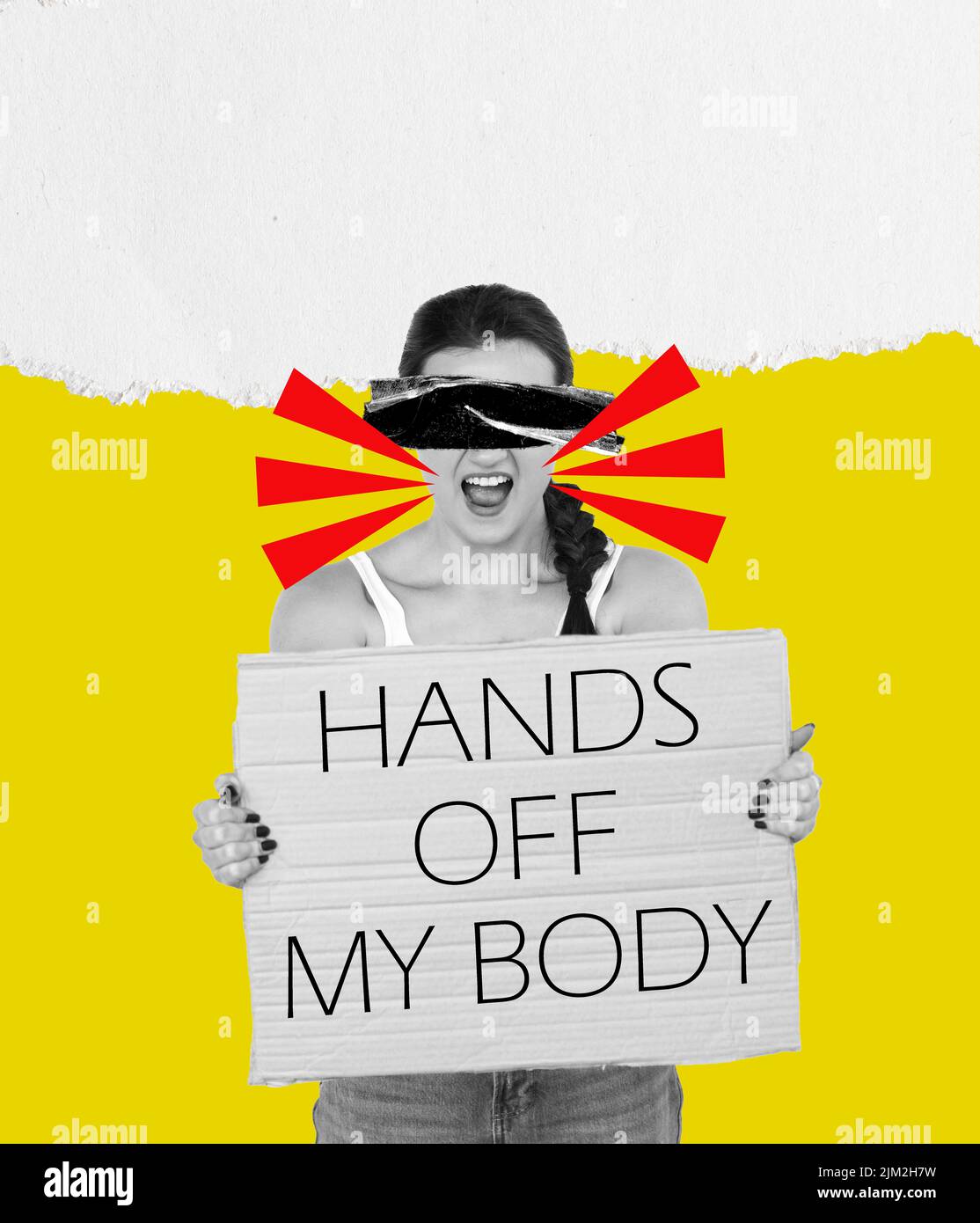 Woman holding a sign Hands off my body. Protest against tightening of ...