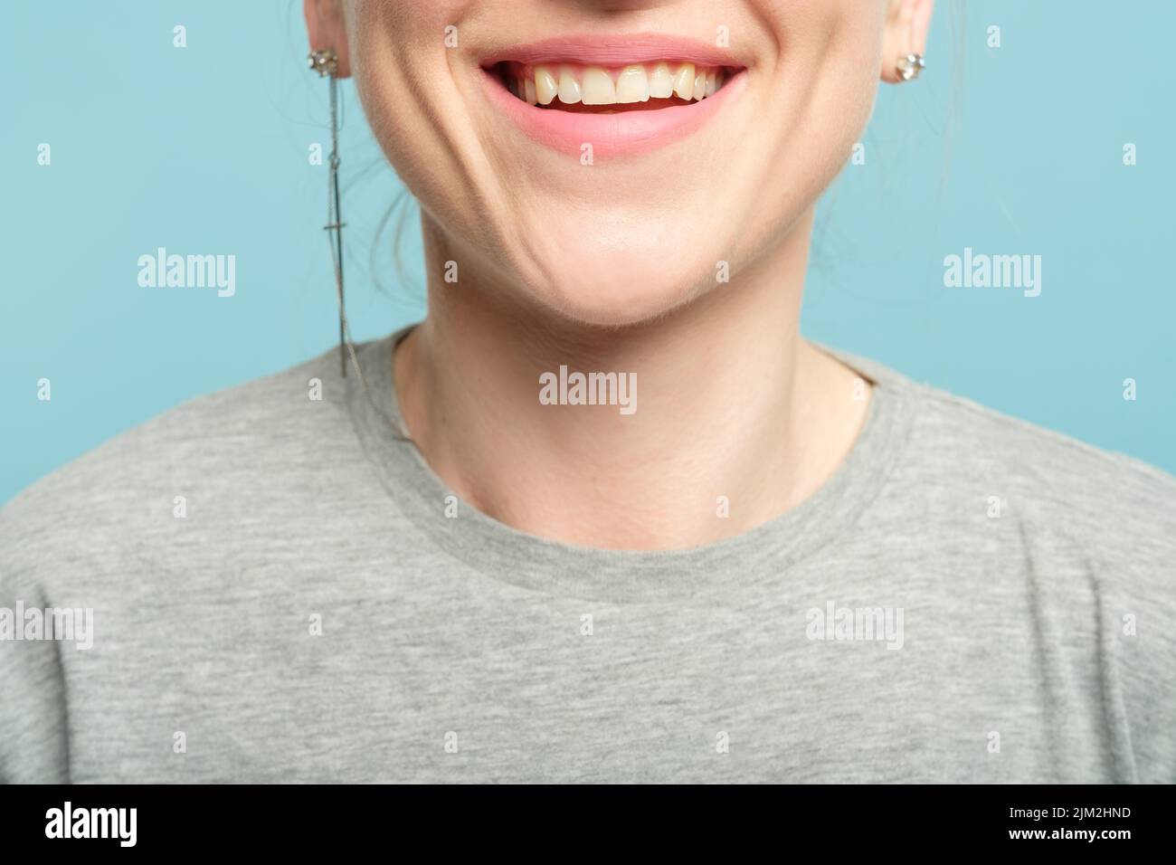 woman smile happy emotional lips chin cropped Stock Photo - Alamy