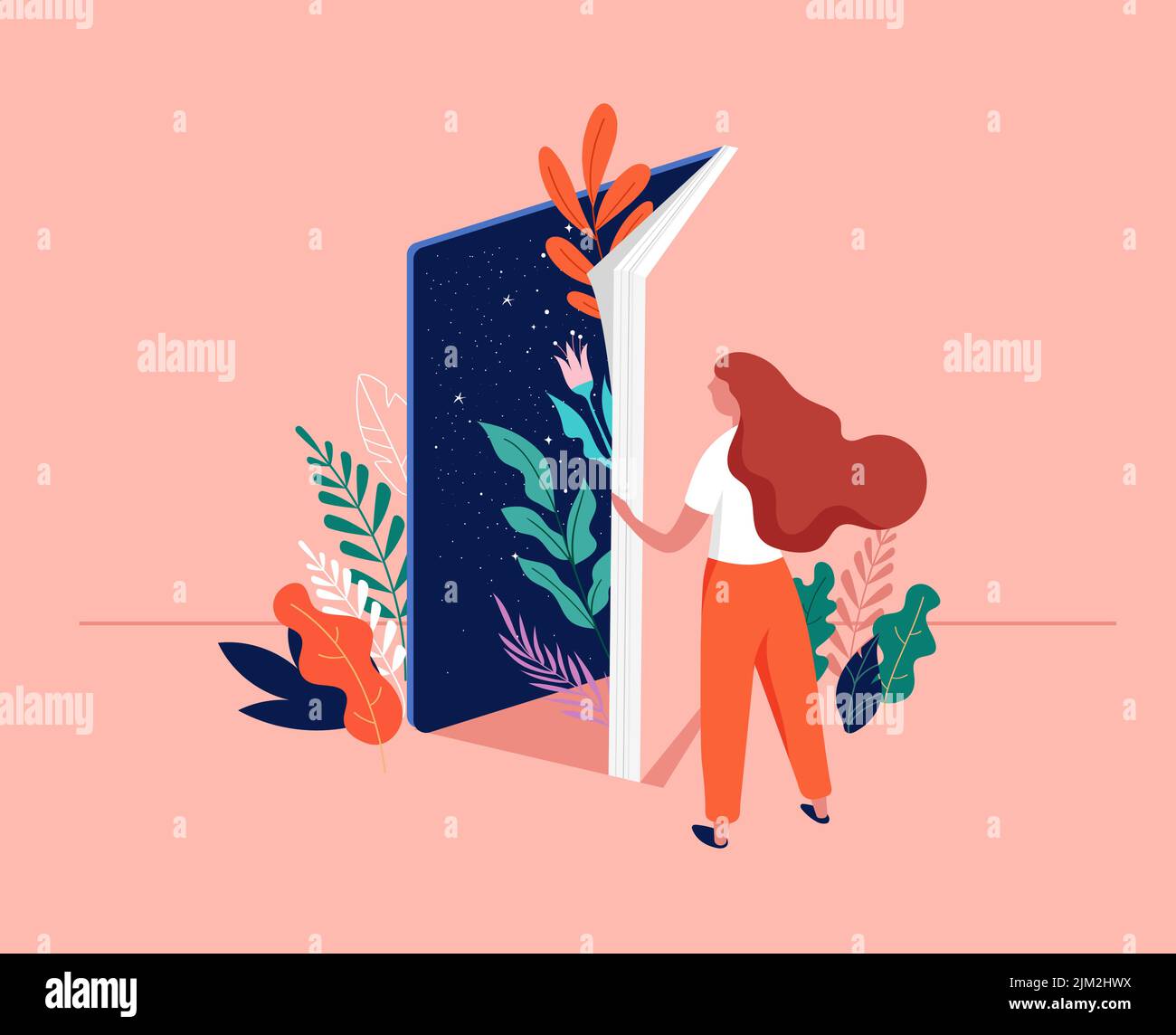 Book festival concept. Young woman opening a huge open book surrounding ...