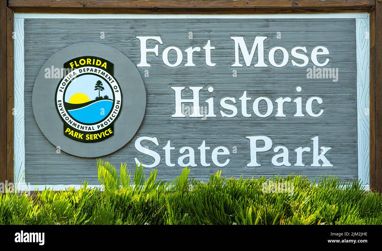 Entrance sign for Fort Mose Historic State Park in St. Augustine ...