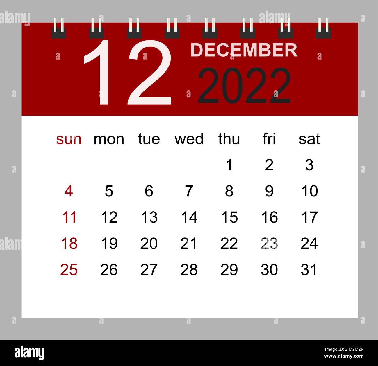 December 2022. Vector monthly calendar template 2022 year in simple ...