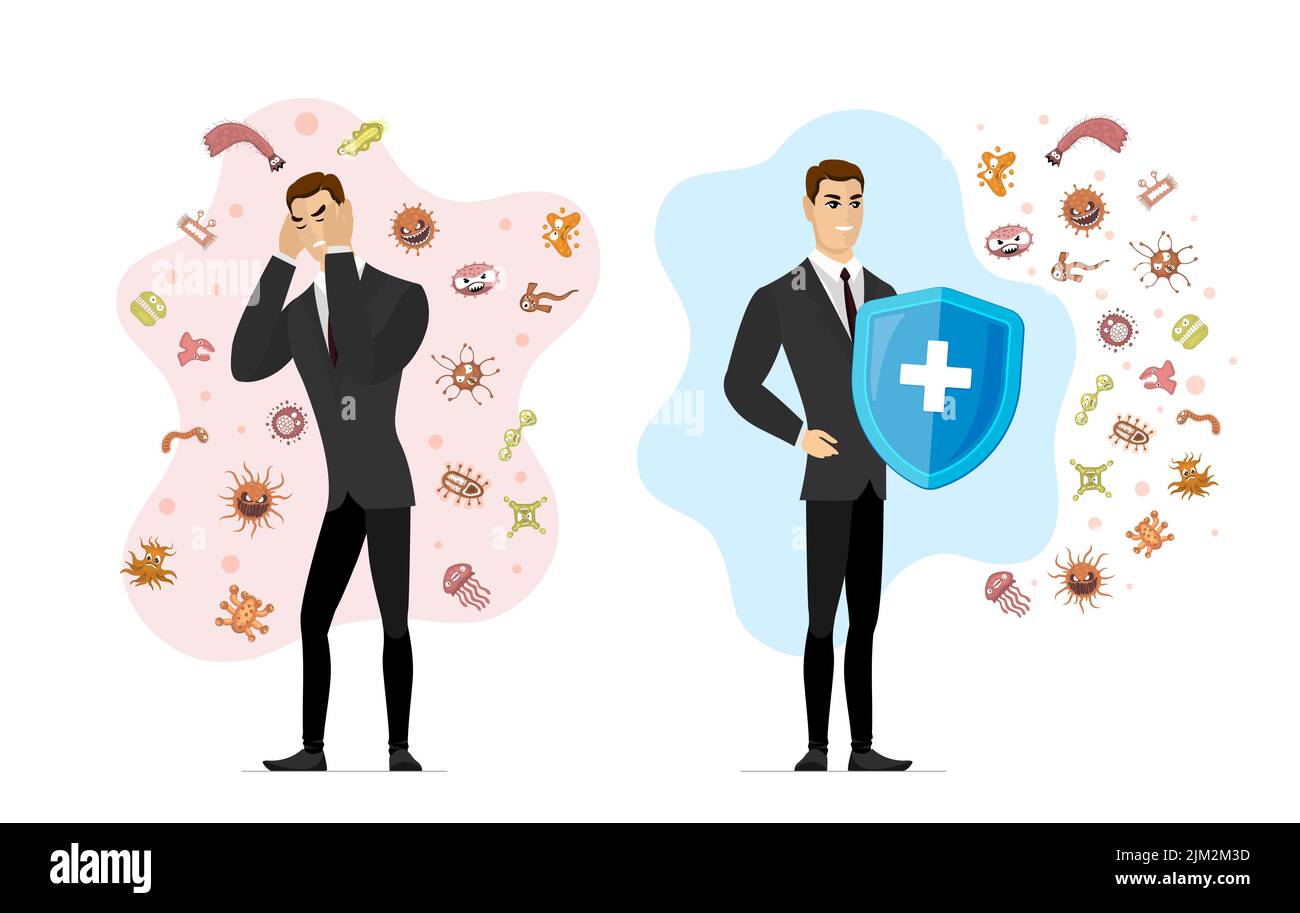 Man Healthy And Disease Immune System Comparison Concept Strong Immunity Person Protected From