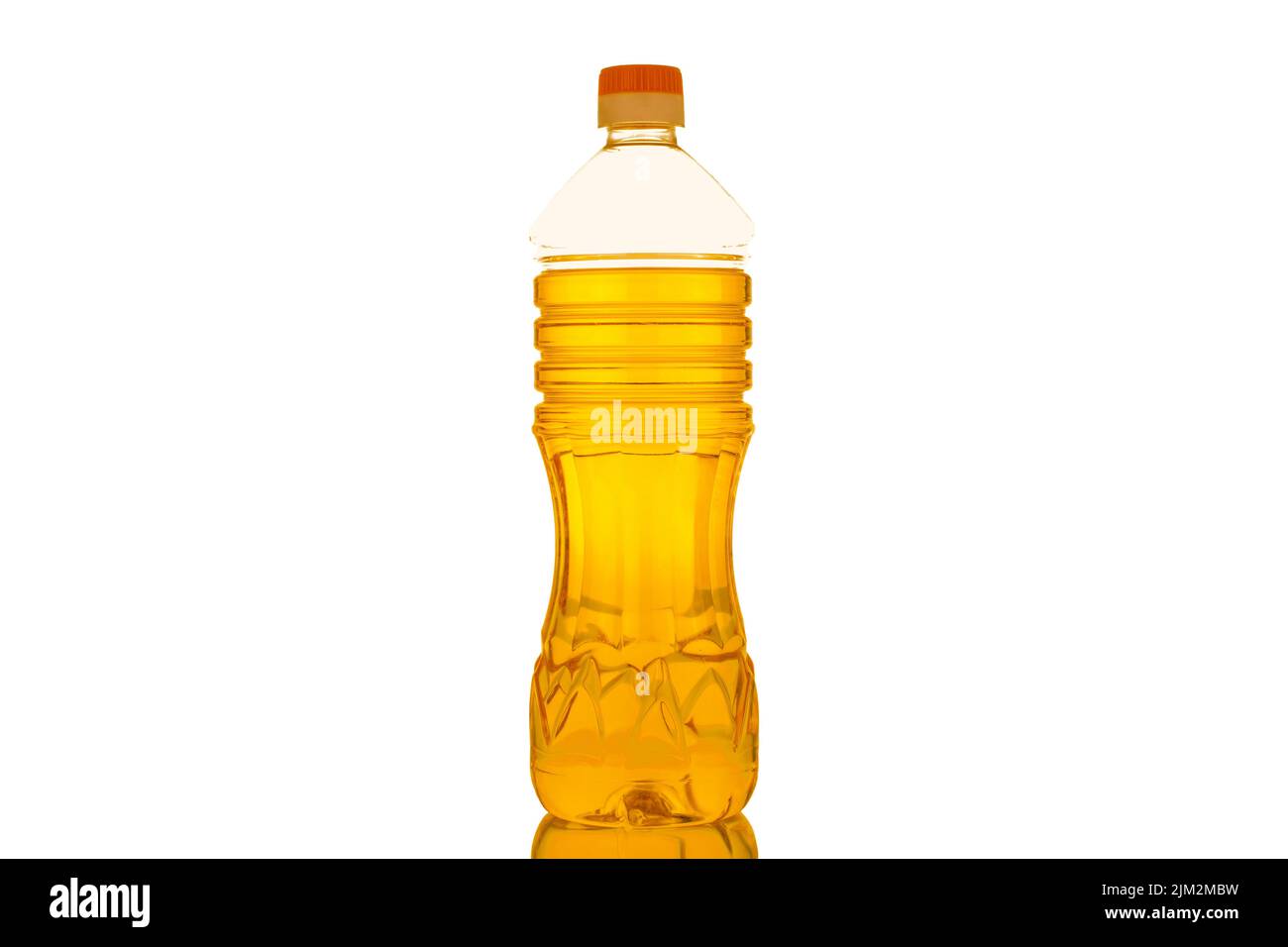 One plastic bottle with fragrant sunflower oil close-up, isolated on a ...