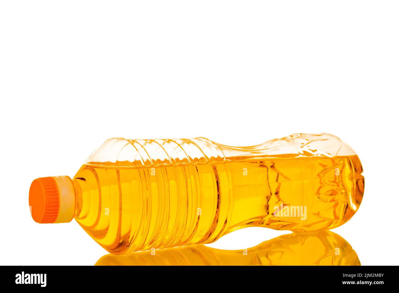 One plastic bottle with fragrant sunflower oil close-up, isolated on a ...
