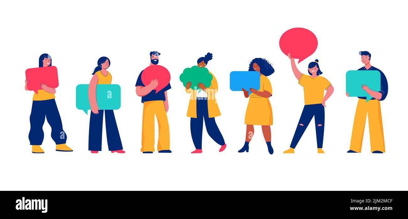 People holding colorful speech bubbles, giving review rating and ...