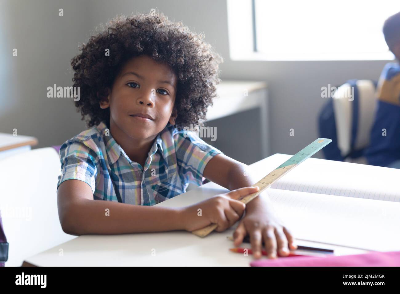 Portrait of african american elementary schoolboy holding ruler while ...