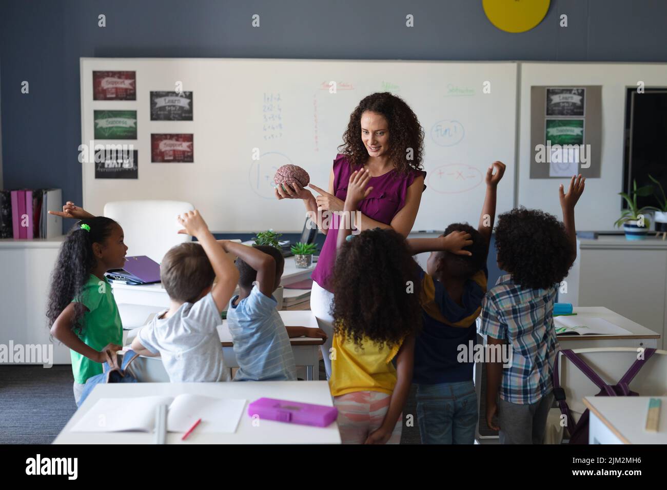 Multiracial elementary students raising hands while caucasian young ...