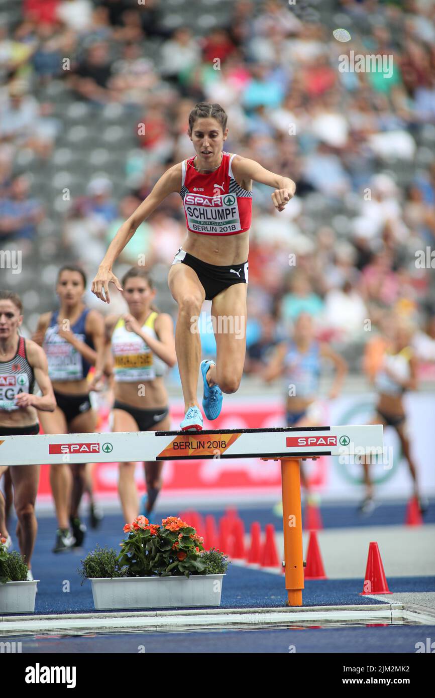 Fabienne Schlumpf running in the 3000m hurdles at the European Athletics Championships in Berlin ...