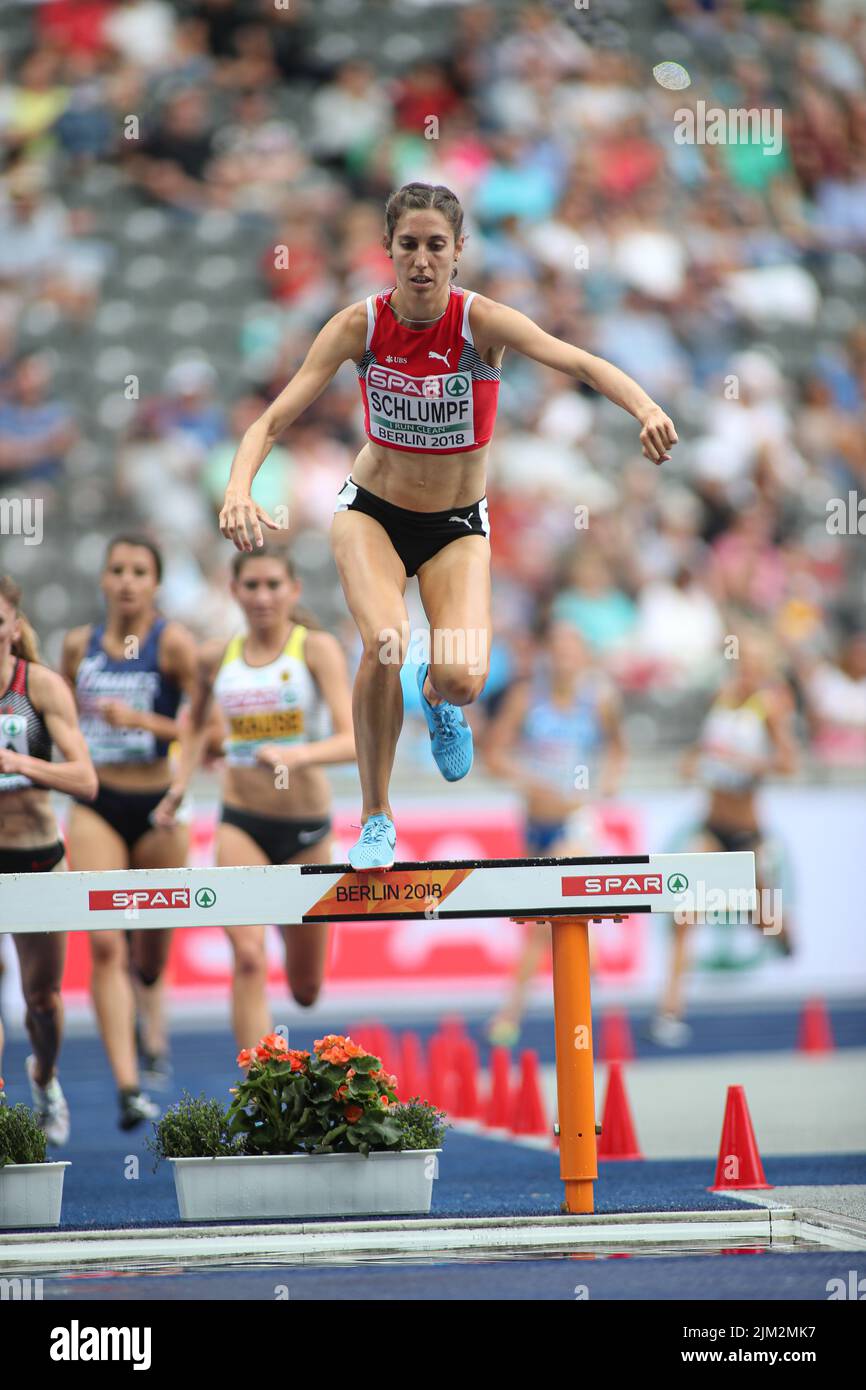 Fabienne Schlumpf running in the 3000m hurdles at the European Athletics Championships in Berlin ...
