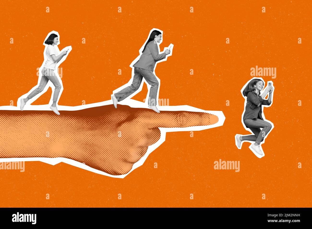 Collage artwork graphics picture of big arm pointing finger falling ...